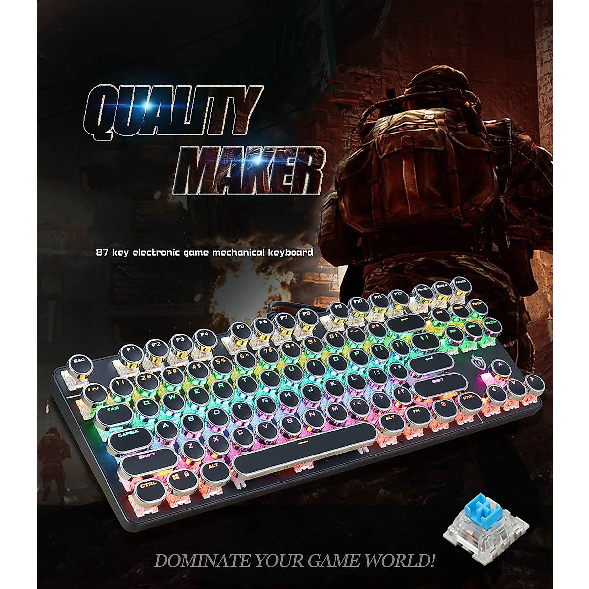 Type Writer Keyboard, Typewriter-Style Steampunk Mechanical Gaming Keyboards Blue Switch with 9 True RGB Backlight Modes and 87-Key Wired Keyboard with Spill-Resistant (Round Keycaps)