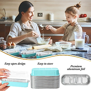 Tanlade 100 Pack Mini Loaf Pans with Lids 6.8 Oz Aluminum Foil Disposable Baking Pans Rectangle Cake Pans Muffin Tins Brownie Pan with Spoons for Cupcake Dessert Loaf Ramekin, Blue