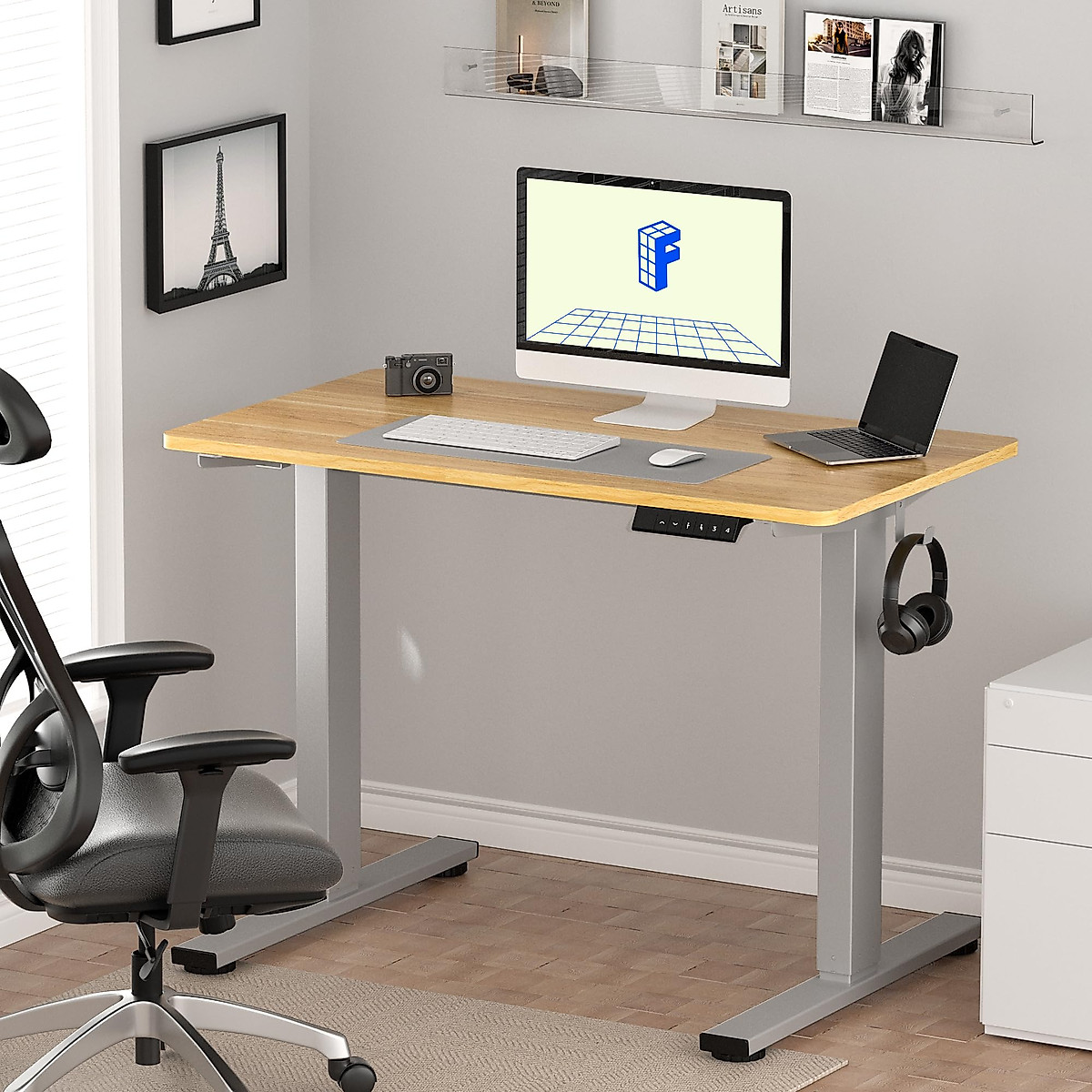 FLEXISPOT EN1 One-Piece Height Adjustable Desk 48 x 30 inch Electric Standing Desk, Stand Up Desk for Home Office (Silver Frame + 48" Natural Top, 2 Packages)