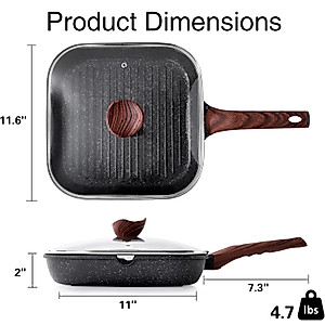 Kordisen Nonstick Grilling Pan with Lid for Stove Tops, 11 Inch Square Grill Pan for Indoor Cooking, Granite Coating Grill Skillet with Pour Spouts, Versatile Griddle, Induction Steak Pan, PFOA Free