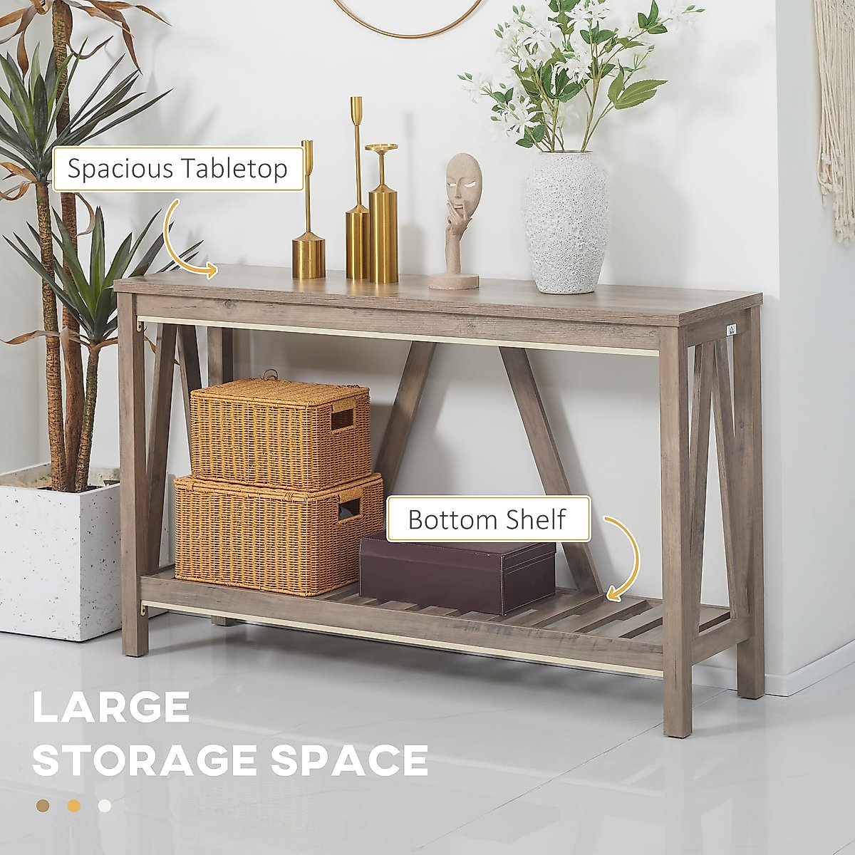 HOMCOM Console Table, Farmhouse Entryway Table with Storage Slatted Shelf, Rustic Sofa Table with Anti-Tipper for Living Room, Hallway, Gray