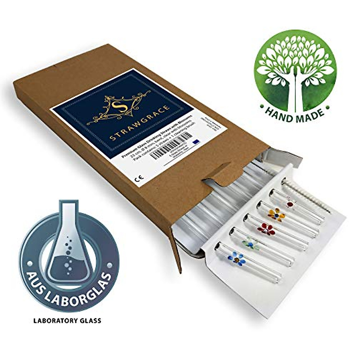 STRAWGRACE Handmade Glass Straws with Coloured Blossoms, Bent - independently tested in DE - Set of 5 with Cleaning Brush - Glass Drinking Straws, Ideal for Cocktail, Smoothie etc - 23 cm x 8 mm