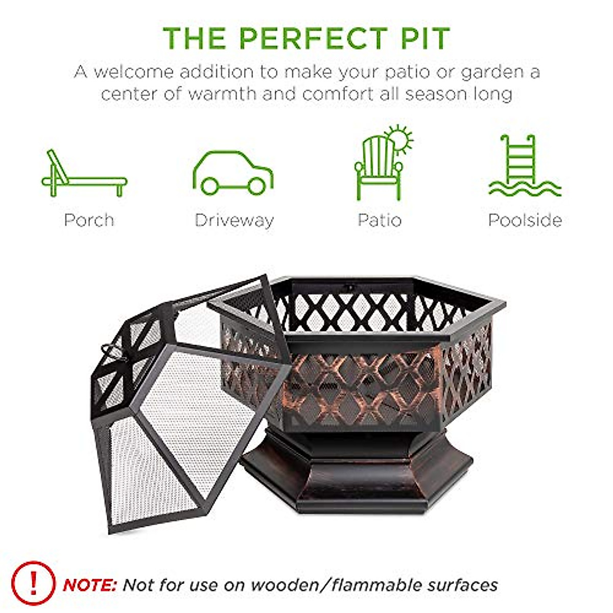 Best Choice Products Hex-Shaped 24in Steel Fire Pit, Black Metal Wood Burning Firepit, Portable Hexagon Fire Bowl for Outside, Patio, Backyard w/Flame-Retardant Mesh Lid