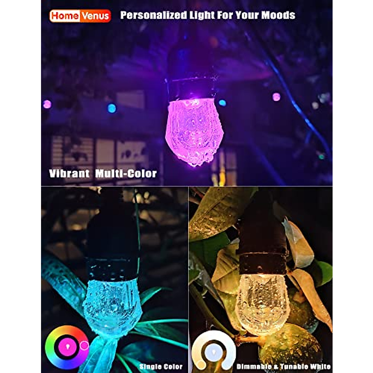 HVS Smart Outdoor String Lights LED 48Ft Color Changing RGBW Patio String Lights Infinite Connectable APP Control 2.4GHz WiFi Waterproof 24 Acrylic Work with Alexa Google for Party Outside Café