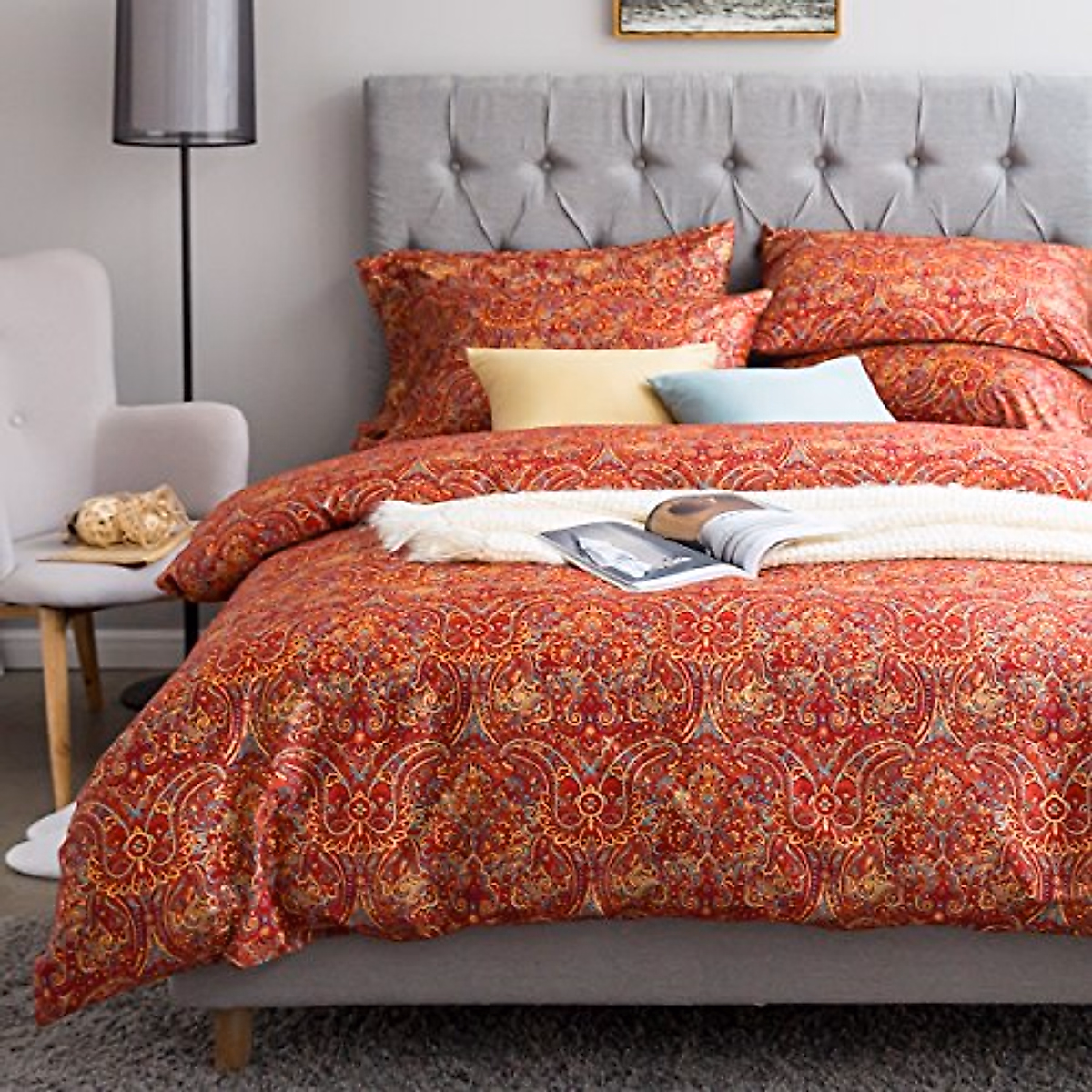 Eikei Boho Paisley Print Luxury Duvet Cover and Shams 3pc Bedding Set Intricate Tuscany Bohemian Damask Medallion 350TC Egyptian Cotton Sateen (King)