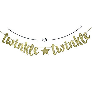 Twinkle Twinkle Little Star Banner, Glitter Birthday Banner, Baby Shower, Holiday Party Decorations (Gold)