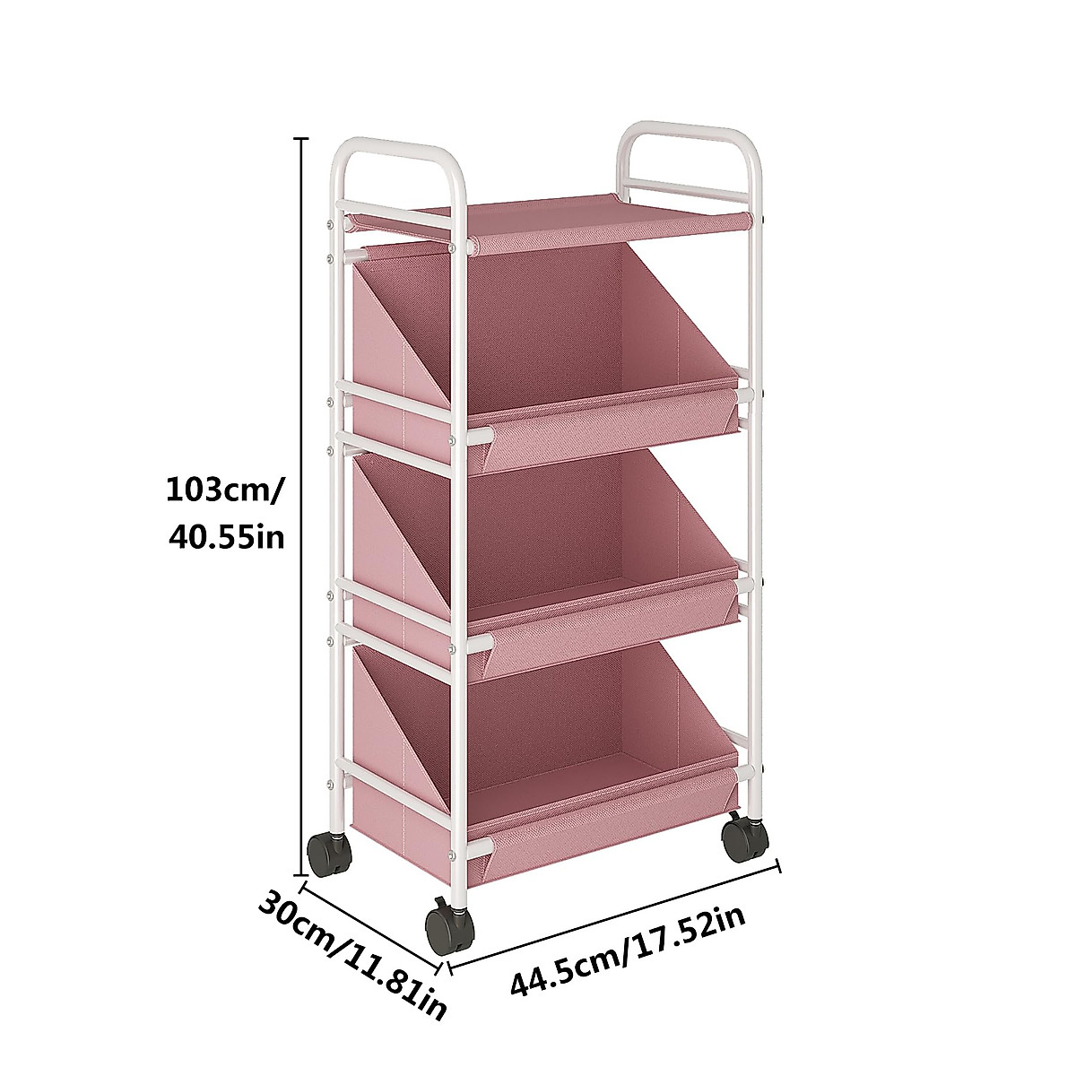 Buzowruil Utility Rolling Fabric Storage Rack Trolley Toy Rack Storage Cart Trolley with 3 Large Storage Boxes，Wheels, Suitable for Bedroom, Living Room, Entryway, Pink