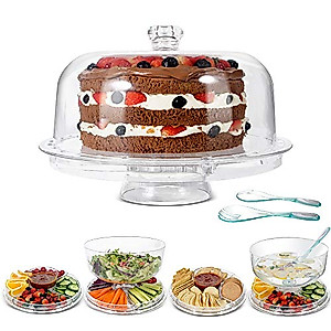 MASTERTOP Cake Stand with Dome Cover - 6 in 1 Multi-Functional Serving Platter/Cake Plate/Salad Bowl/Nachos/Punch Bowl, Wedding Cake Stands for Dessert Table,2 pcs Spoons, BPA Free (Acrylic)