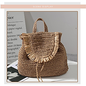 Erichman Women Fashion Straw Handmade Crochet Backpack Flap Drawstring Shoulders Bag Casual Beach Daypack (Brown,One Size)