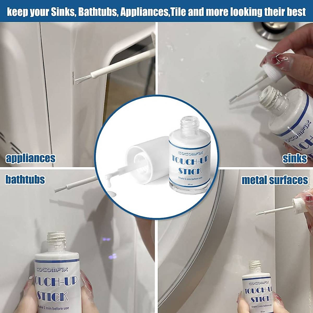 Cocomfix Porcelain Repair Kit, High-Gloss White Porcelain Sink Touch Up Paint for Kitchen + Bathrooms: Enamel, Porcelain, Sinks, Tubs