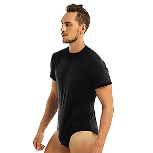 renvena Mens Press Button Crotch Shirt Bodysuit Short Sleeve Leotard Undershirt Romper Black 4X-Large