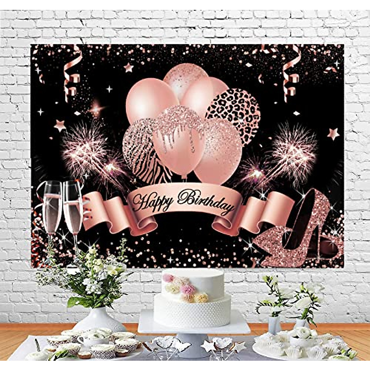 InMemory Rose Gold Birthday Backdrop for Women Girls Happy Birthday Photography Background Glitter Balloons Champagne Heels Black Gold Sequin Dots Decorations Sweet Bday Party Photo Booth Banner 7x5ft