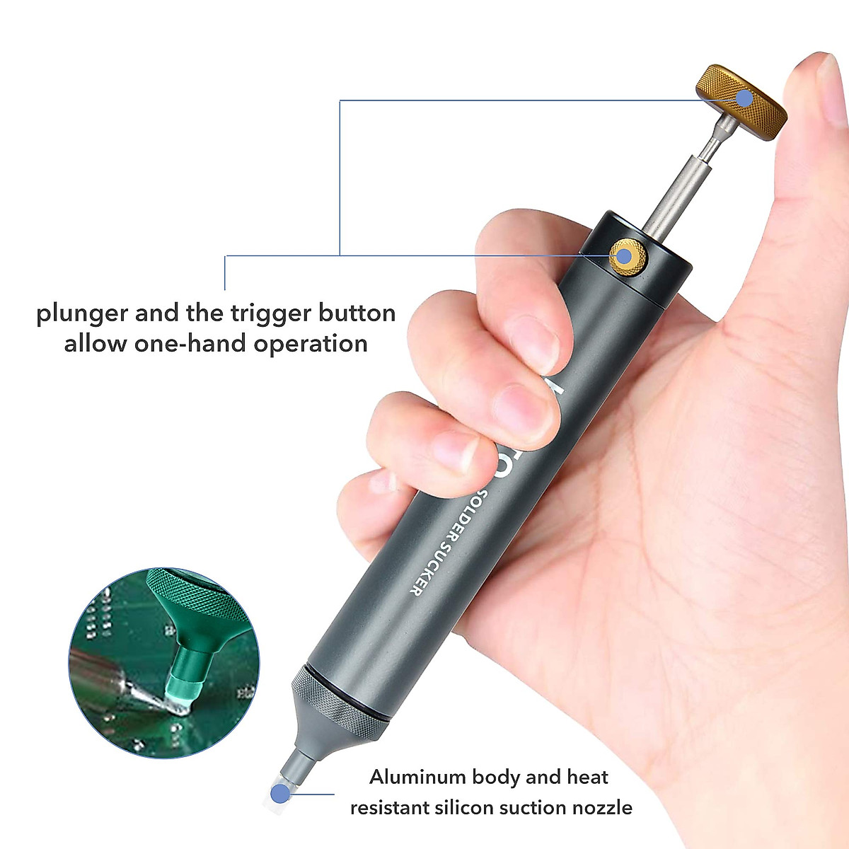 KOTTO Solder Sucker, No Clog Aluminum Desoldering Pump, Soldering Tools with Powerful Vacuum Suction for Removal & Repair, Heat Resistant Silicone Suction Nozzle, Replacement Silicone Tube included