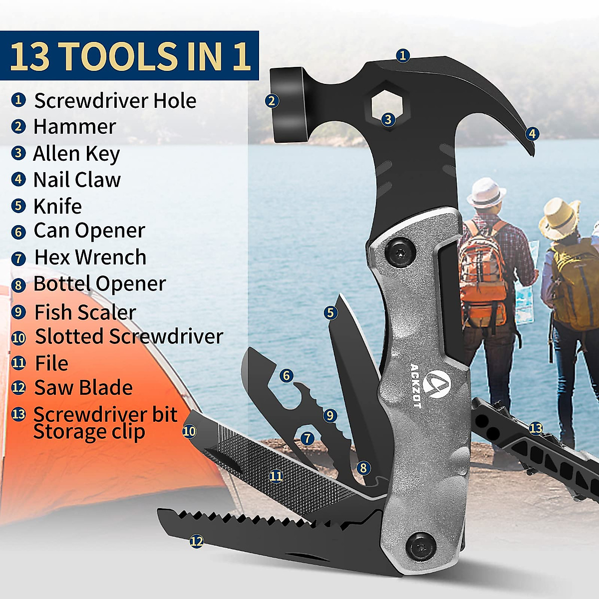 ACKZOT Hammer Multitool + 16 in 1 Card Multitool Set, Multi-Functional Camping Accessories, Men’s Gift, Unique Birthday Gift and Cool Gadgets for Him Dad Husband Boyfriend, Stocking Stuffers for Men