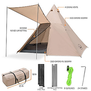 KAZOO Family Camping Tent Large Waterproof Tipi Tents 8 Person Room Teepee Tent Instant Setup Double Layer (Off-White)