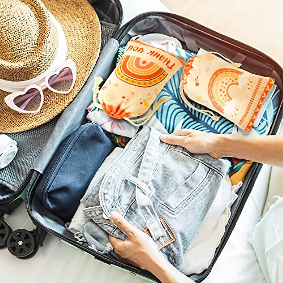 Coume 24 Pcs Boho Rainbow Party Favor Bags 4 x 6 Inches Canvas Drawstring Treat Gift Pouches Mini Candy Goodie Bags Rainbow Party Decorations for Rainbow Themed Birthday Baby Shower Party Supplies