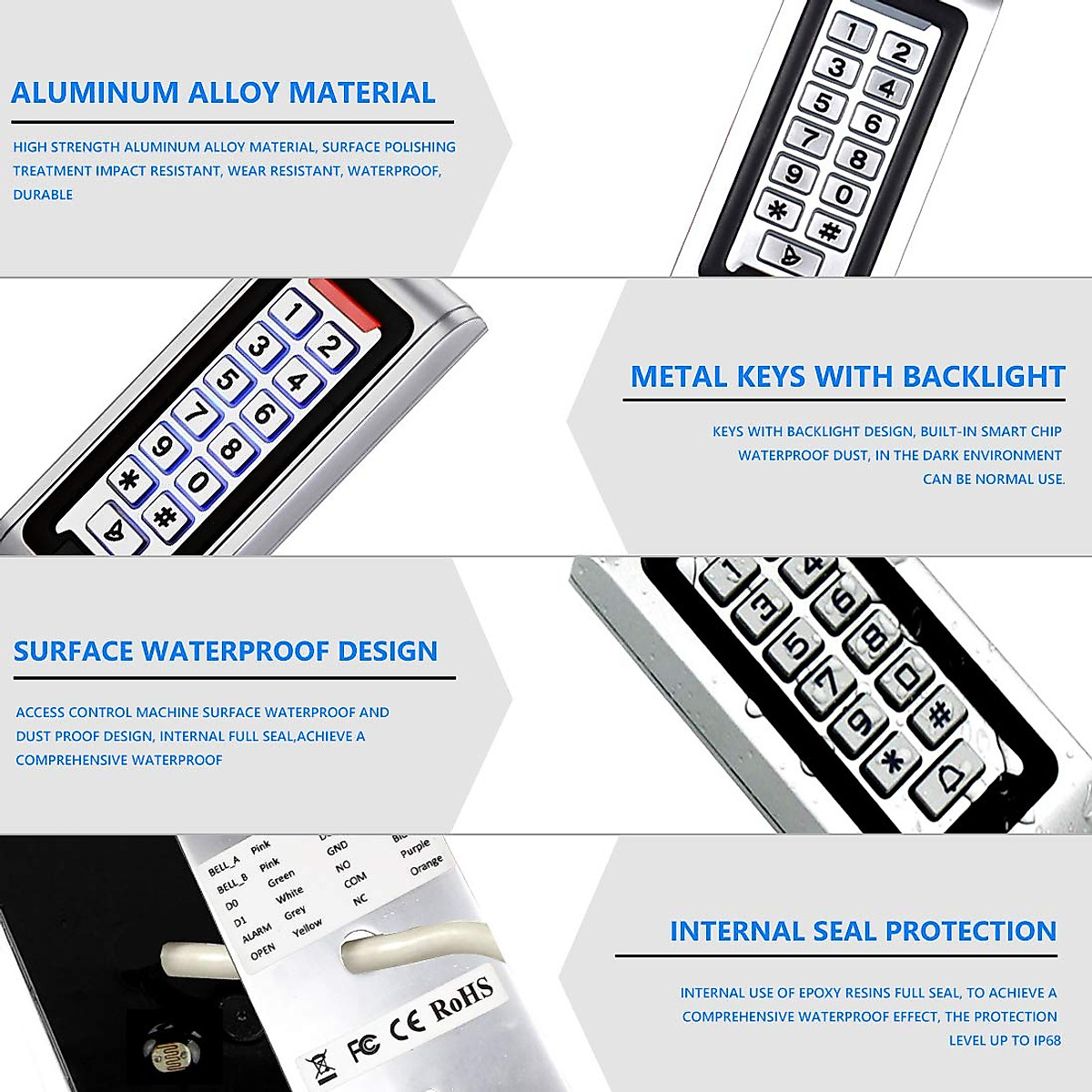 Door Access Control System Stand-Alone Password Keypad + 5PCS Proximity Keychains, Support 2000 Users Card Reader, Weatherproof, Backlight, Zinc Alloy Metal Case, for Garage Door, Gate Opener