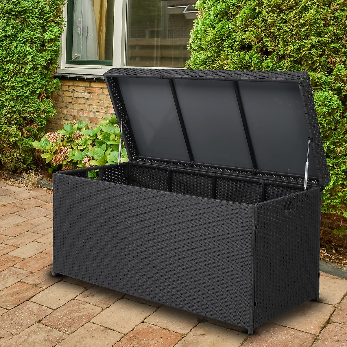 VINGLI Upgraded Version 132 Gallon Outdoor Storage Box, Patio Rattan Deck Box, Wicker Storage Bench for Indoor, Outdoor, Pool, Balcony, Yard, Garden, Black