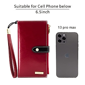 ANDOILT Wallet Women Men RFID Blocking Genuine Leather Bifold Multi Card Organizer Wristlet Purse with Zipper Pocket Cell Phone Handbag Red