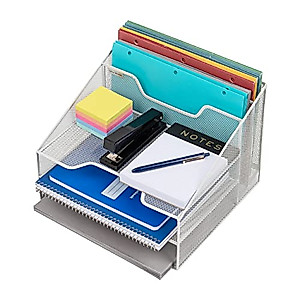 Mind Reader Network Collection, 3-Tier, 5-Compartment Desktop Organizer with 2 Vertical File Holders and 3 Horizontal Paper Trays, Desktop Organizer, Metal Mesh, White
