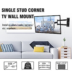 FORGING MOUNT Corner TV Wall Mount Long Arm TV Mount for 23"-60" TVs-Easy to Install Single Stud Design- 33" of Smooth Extension Plus Swivel,Tilt,Holds 99lbs,Universal Bracket Max VESA 400X400mm.