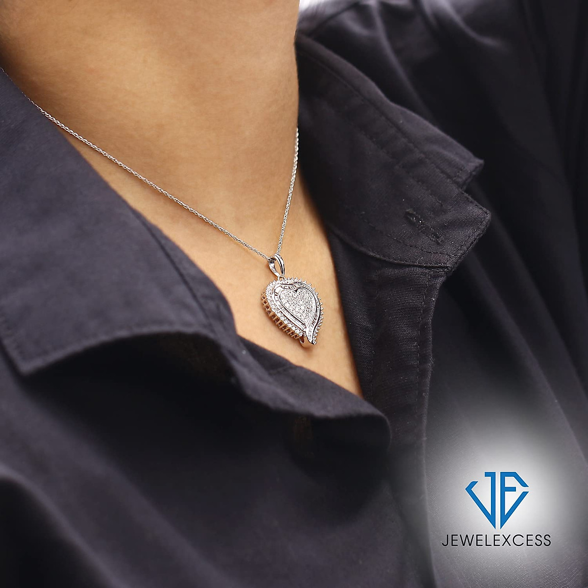 JEWELEXCESS Sterling Silver (.925) or 14K Gold over Silver Heart Necklace with 1.00 Carat White Diamonds | Jewelry for Women with Round & Baguette White Diamonds & 18 inch Rope Chain with Spring Clasp