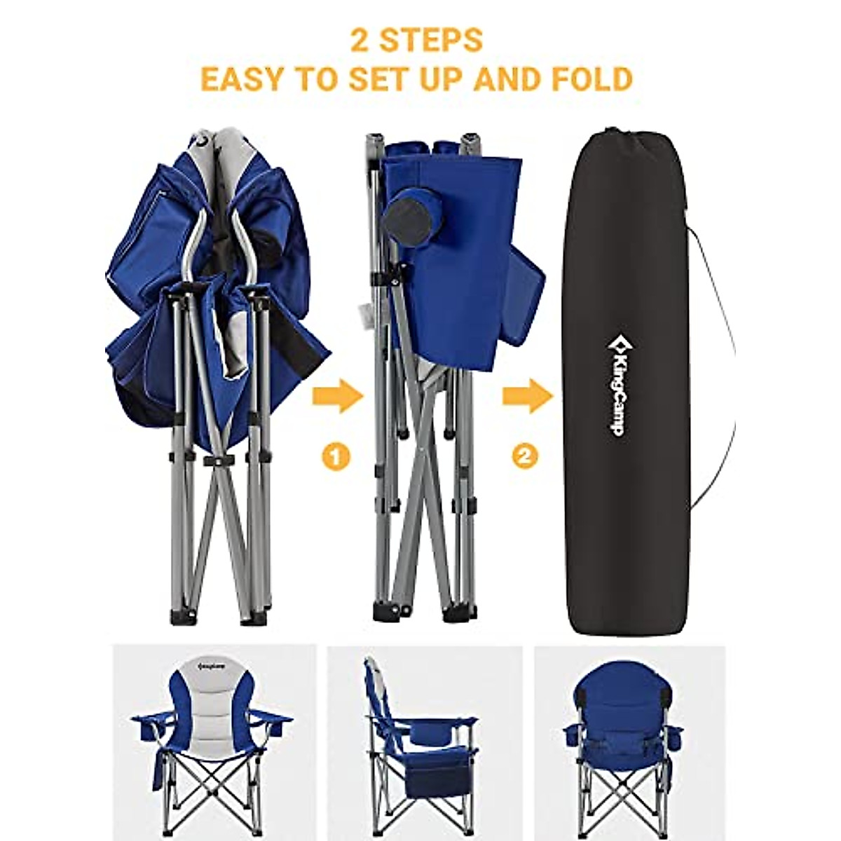 KingCamp 3PCS Lumbar Support Camping Chairs with Cooler Bag Padded Folding Camping Chair for Adults with Adjustable Armrest