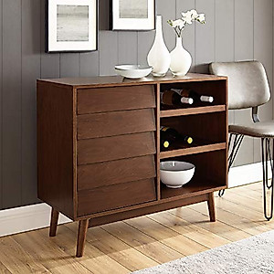 Walker Edison Mid-Century Modern Wood Kitchen Buffet Sideboard with Bottle Storage-Entryway Serving Wine Storage Doors-Dining Room Console, 36 Inch, Walnut