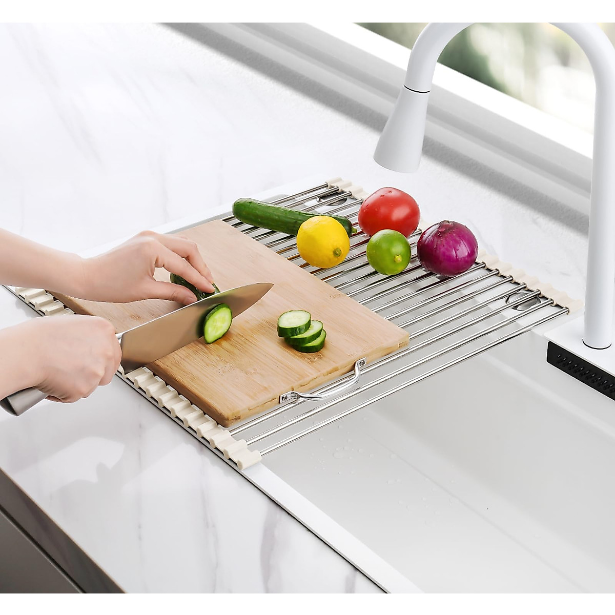Tomorotec 17.7" x 15.5" Roll Up Dish Drying Rack Over Sink Drying Rack Sink Cover Kitchen Sink Accessories Gadget Multipurpose Organizer Foldable Stainless Steel Drainer