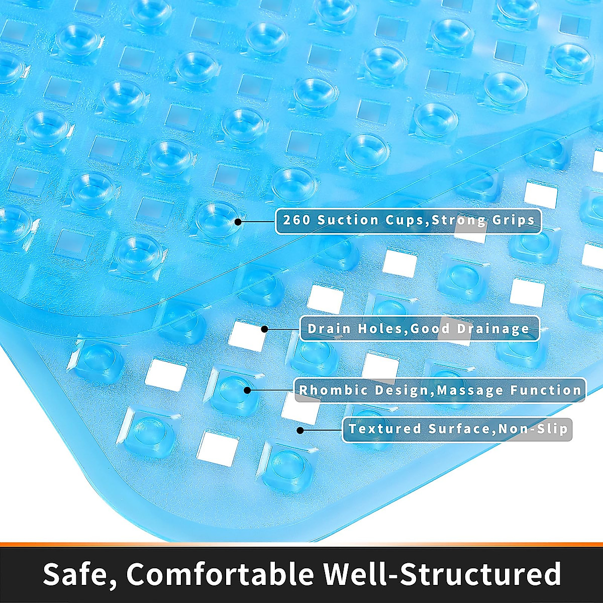 Yimobra Original Bathtub Mat Non Slip, Bath Mats for Tub, Shower Mat with Drain Holes Suction Cups, Machine Washable, BPA, Latex,Phthalate Free, 34.5 x 15.5 Inches, Clean Blue