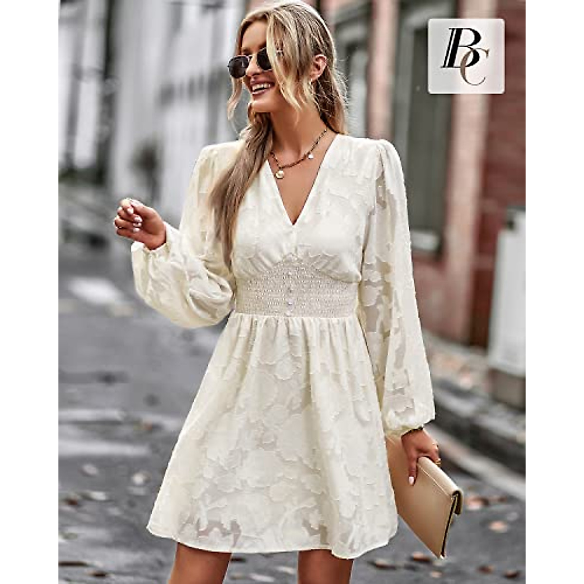 BebreezChic Women Dresses Cocktail with Lining Knee Length Long Sleeve Ladies Elegant Lace Smocked Short Dress 2023 Spring Summer Dresses, Beige XL