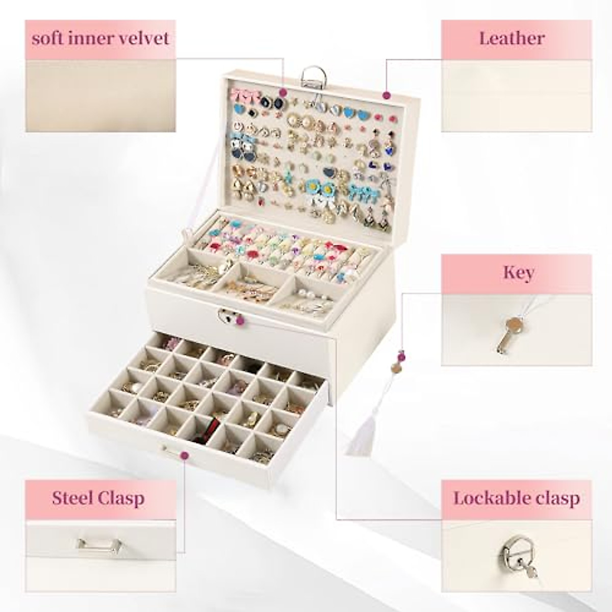 BOOVO Earring Jewelry Box For Women Girl Stud Organizer, 5 Layers Girl Jewelry Organizer Box With Lock Earring Holder Organizer Necklace Ring Jewelry Organizer Box For Girls (white)