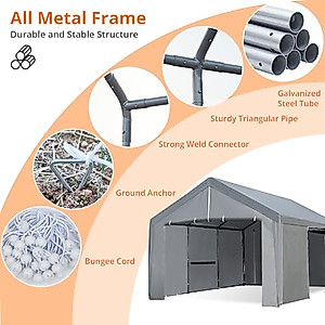 ACONEE Carport 10×20 FT Heavy Duty Car Canopy Storage Shed, Portable Garage Party Tent with Removable Sidewalls & Doors, Reinforced Triangular Beam, All Metal Frame, Garage Shelter Waterproof, Grey