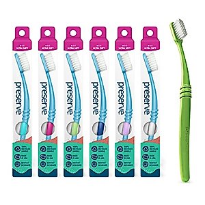 Preserve Eco Friendly Adult Toothbrushes, Made in The USA from Recycled Plastic, Ultra Soft Bristles, Colors Vary, 6 Count