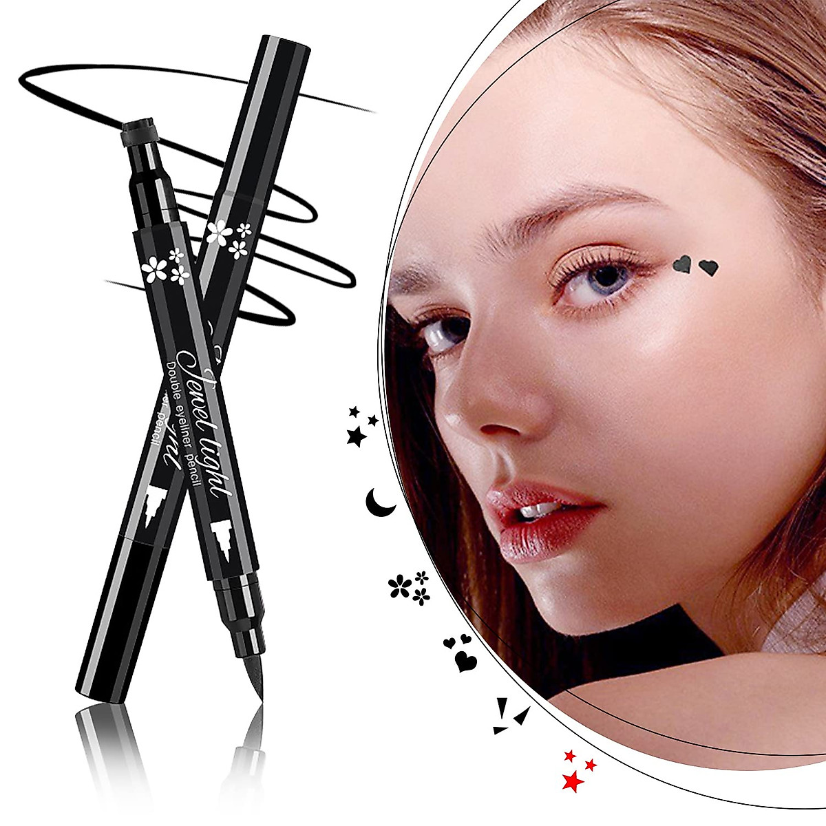 Pinkiou Eyeliner Pen with Eye Makeup Stamp Waterproof Double Sided Long Lasting Seal Eyeliner (6 in 1)