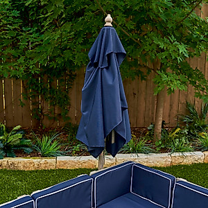 KidKraft Wooden Outdoor Sectional Ottoman & Umbrella Set with Cushions, Patio Furniture for Kids or Pets, Barnwood Gray & Navy