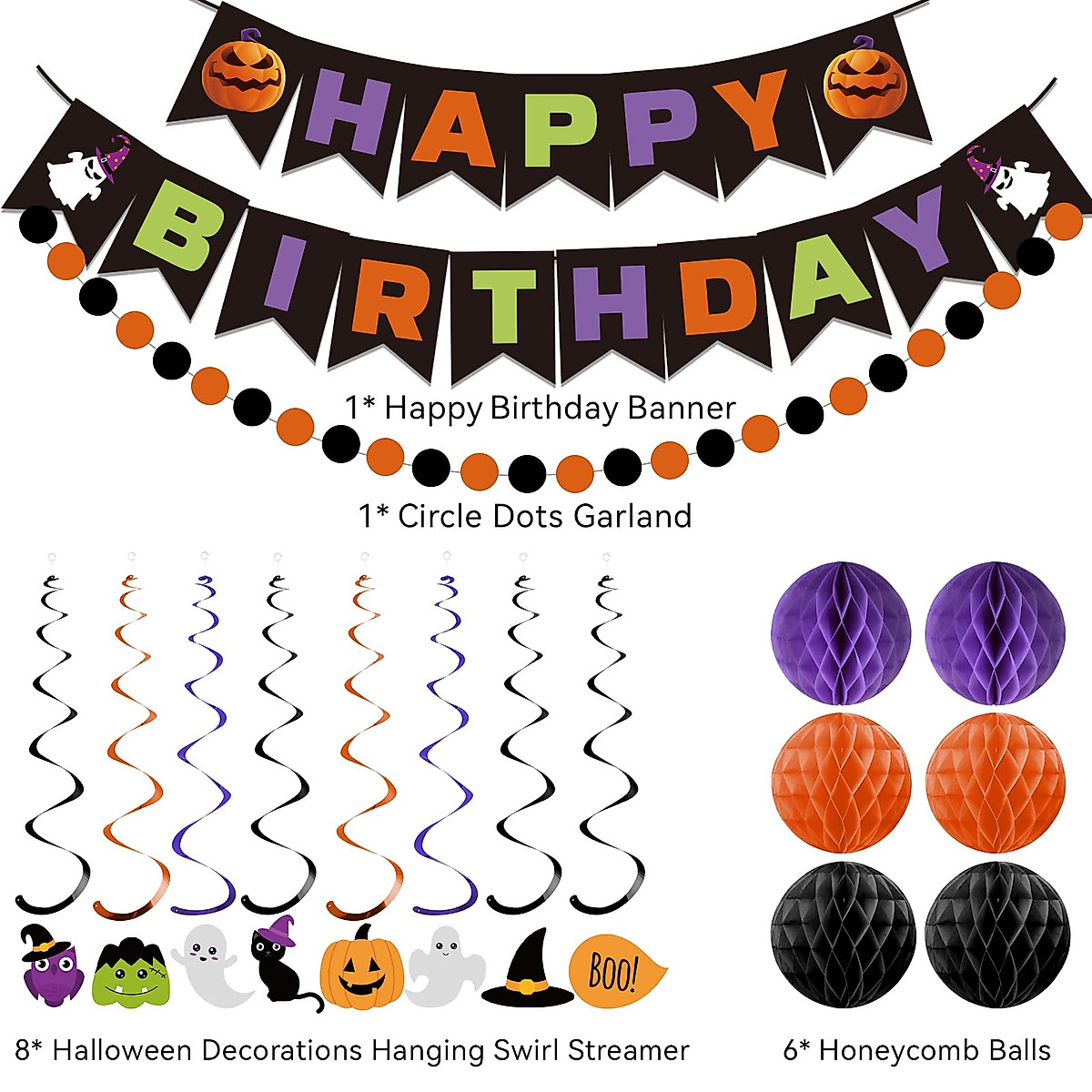 meowtastic Halloween Birthday Decorations - Happy Birthday Banner with Honeycomb Ball, Halloween Hanging Swirl Streamer, Circle Dot Garland Decorations - Halloween theme Birthday Party Decoration