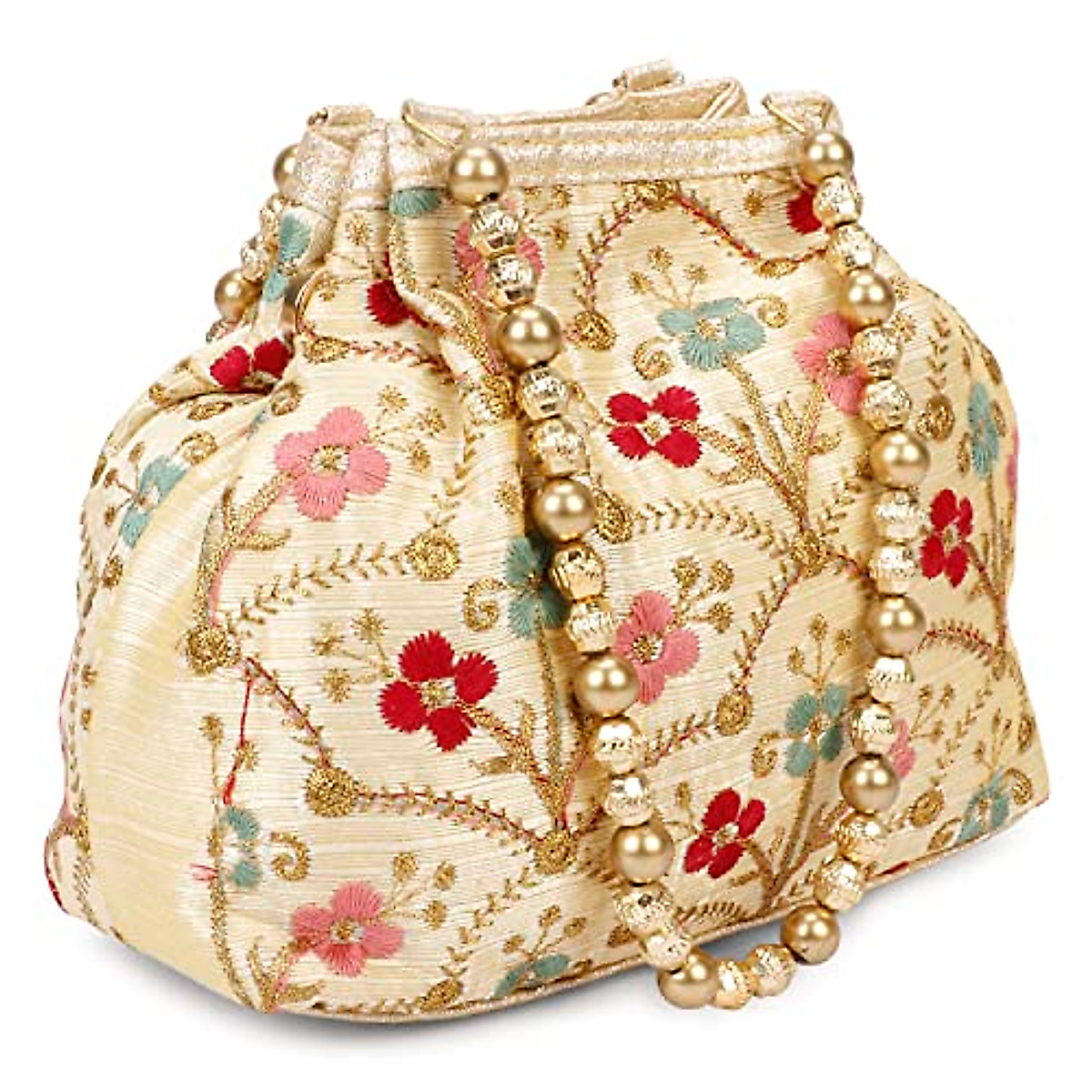 Indian Ethnic Designer Embroidered Silk Potli Bag Batwa Pearls Handle Purse (Golden nd Purple)