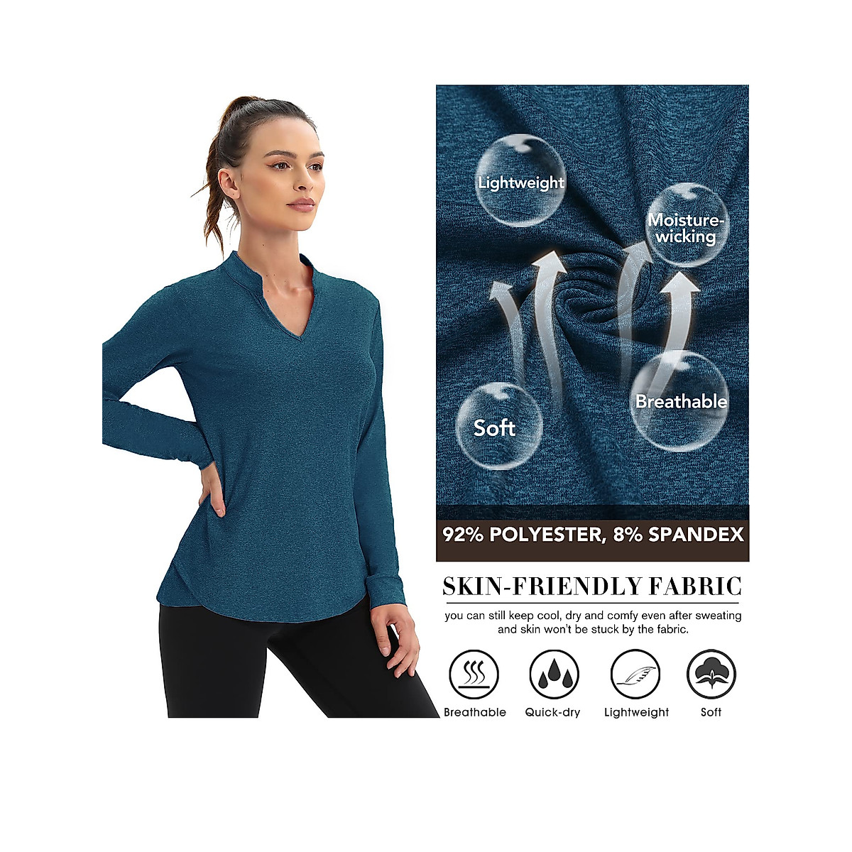 COOrun Long Sleeve Workout Shirts for Women Yoga Athletic Casual Tops Gym Running Breathable Shirt Quick Dry Navy Blue Large