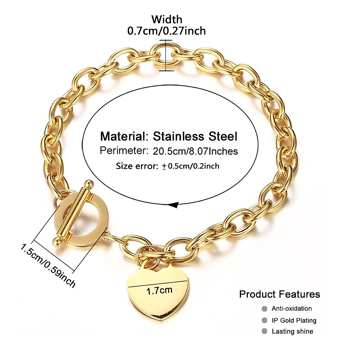 WangGao Elegent Love Stainless Steel Link Chain Blank Heart Charms Bracelet for Women Fits 6.27-7.24'' Wrist Toggle Clasp Closure Gold