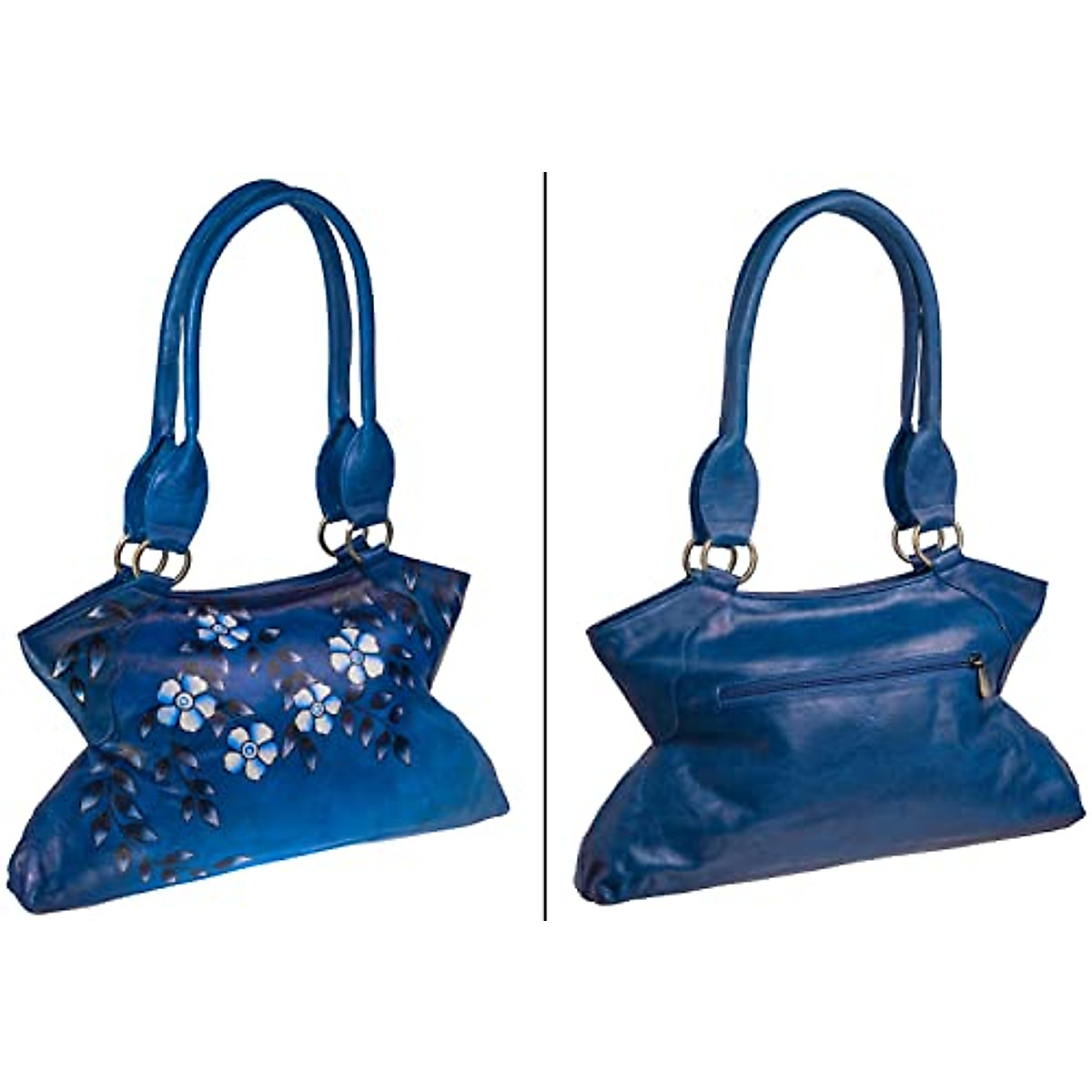 Evi's Bags Women's Hand Painted Genuine Leather Handbag - Shoulder Bag - Hobo, by Evi's Bags. Unique, Large, Handmade Purse - Satchel - Tote. Wearable Art - “Midnight BlueIn Bag, Blue, White, Black