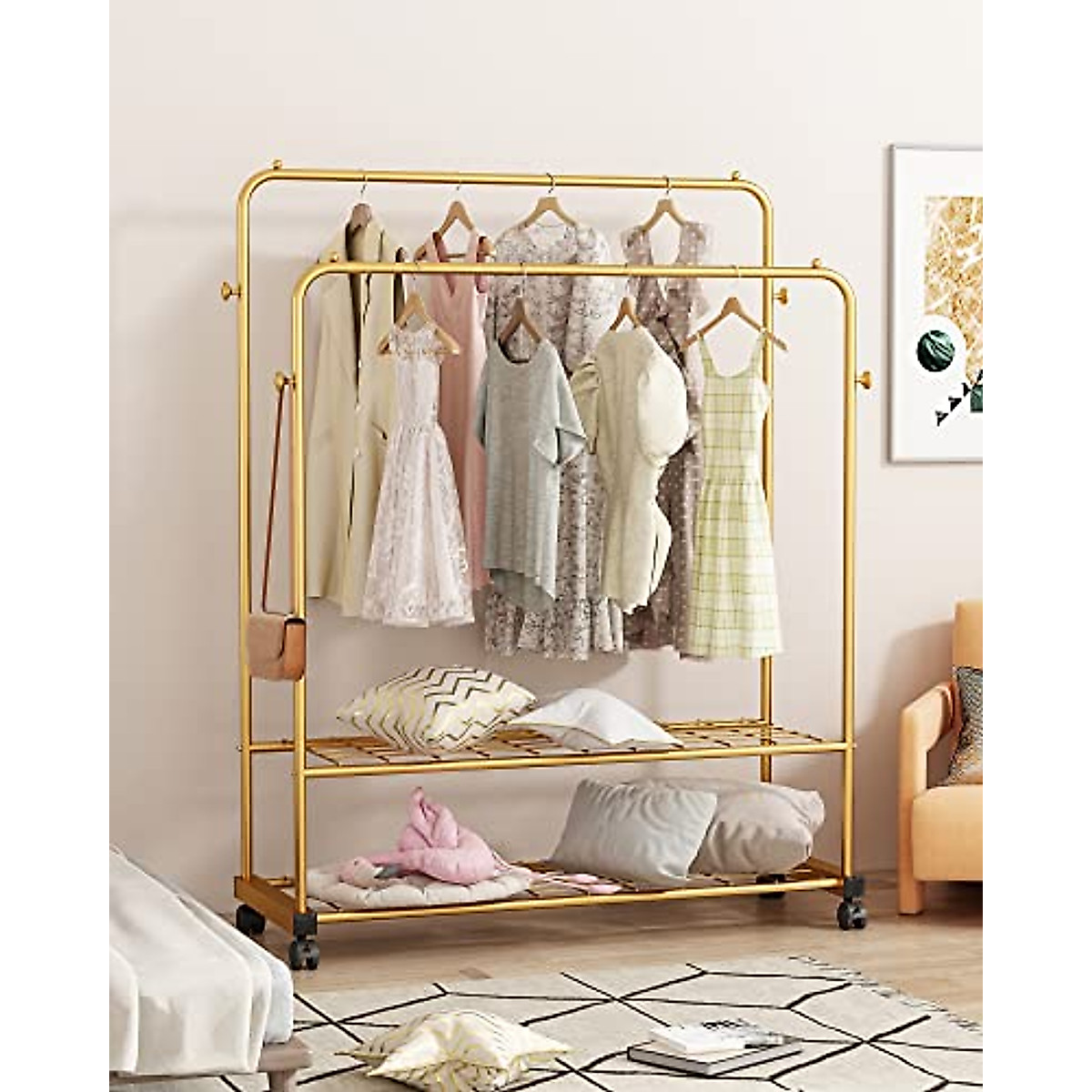 GAMNOF Rolling Metal Clothes Rack Two Shelves Clothing Rack Two Rod Garment Rack for Hanging Clothes with Caster Wheels for Clothes Hats Bags and etc Storage and Organizer
