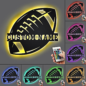 Personalized Football Gifts for Men Custom Name Football with Led Night Light, Football Neon Light Wall Sign 16 Colors Changing with Remote Control, Sport Lover Christmas Birthday Gift (Style 2)
