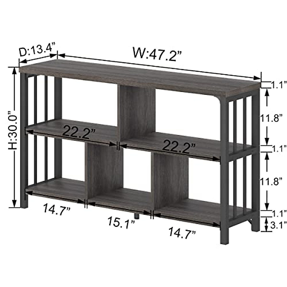 IBF Industrial 5 Cube Storage Organizer Bookshelf, Rustic Low Horizontal Book Shelf, Metal and Wood Cube Bookcase for Bedroom, Modern Wide Cubby Shelf for Living Room Home Office, Dark Grey Oak, 47 In