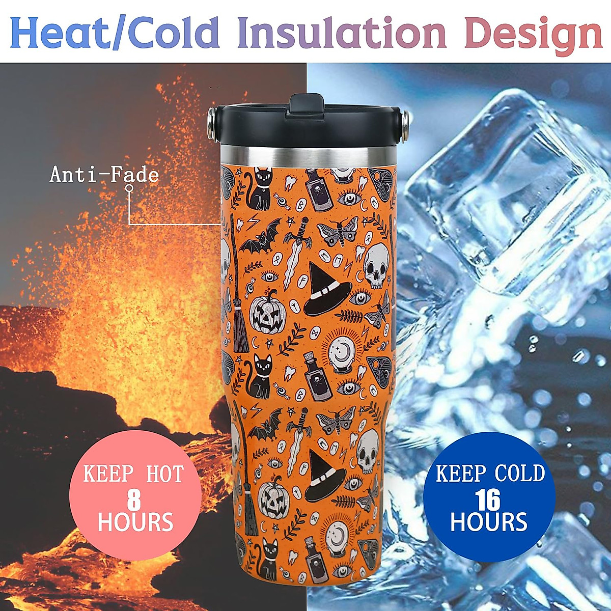 30oz Halloween Tumbler with Handle and Straw, Goth Black Cat Insulated Tumbler, Pumpkin Bat Skull Leak Proof Travel Coffee Mug, Reusable Stainless Steel Witch Tumbler, Halloween Gifts for Women