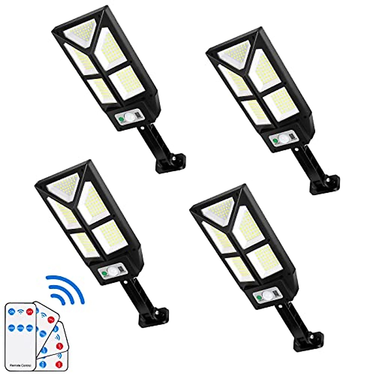 Totexil Solar Street Light, 4 Pack 196 Led Wireless Remote Control Solar Outdoor Lights, IP65 Waterproof Motion Sensor Security Solar Flood Lights with 3 Modes for Garden Street Patio Deck Garage Path