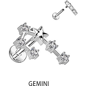 Surgical Steel Internally Threaded CZ Zodiac Constellation Labret Stud (16GA, L: 5/16" (8mm), Gemini)