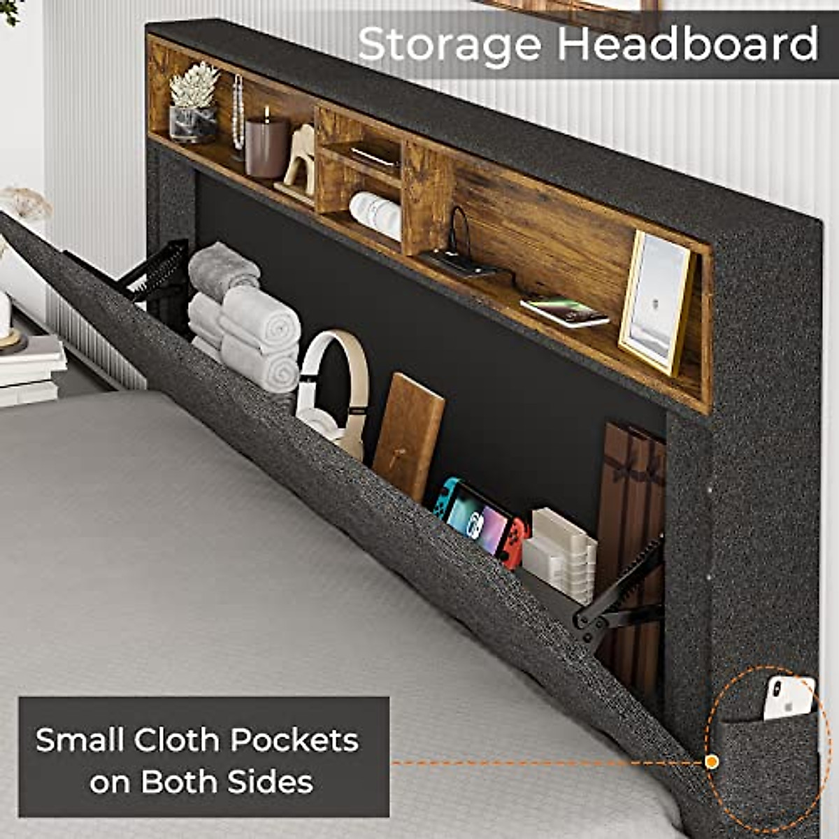 Tiptiper Queen Bed Frame with USB Ports and Outlets, Upholstered Platform Bed with Storage Headboard, Queen Size with Shelf Headboard, 12 Wood Slats, No Box Spring Needed, Dark Grey