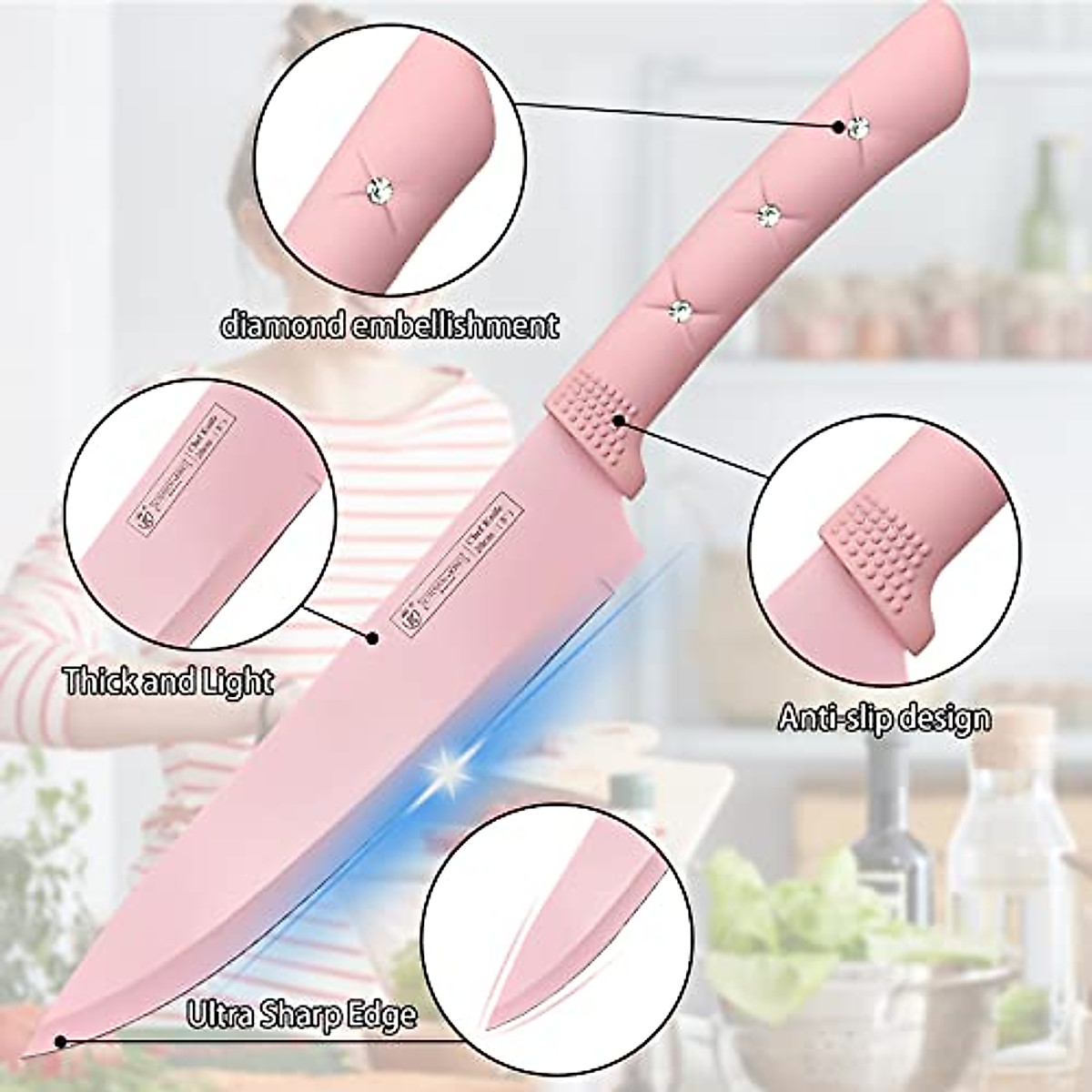 Kitchen Knife Set, Retrosohoo Pink Flower 6PC Stainless Steel Sharp Chef Knife Set with Acrylic Stand, Cooking Non-slip Knife Set with Block, Non-stick Colorful Coating Gift for Women Girls (Pink)