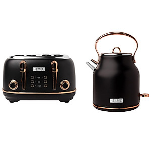 Haden Heritage Series Stainless Steel Electric Water and Tea Kettle & 4 Slice Wide Slot Stainless Steel Toaster Kitchen Bundle Set, Black and Copper